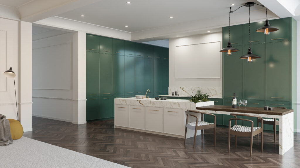 Colección de cocinas Narbona laca verde comodoro brillo y blanco roto ...